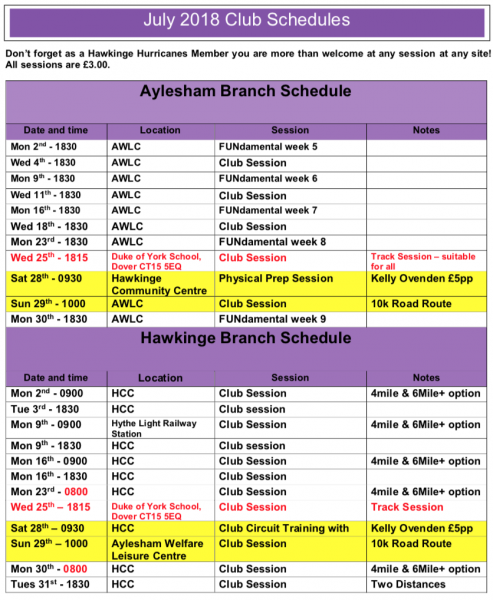 Schedule-july | Hawkinge Hurricanes - Running Club